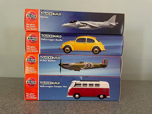 Airfix Quick Build 4 pc Bundle: VW Campervan & Beetle, Harrier D-Day S ...