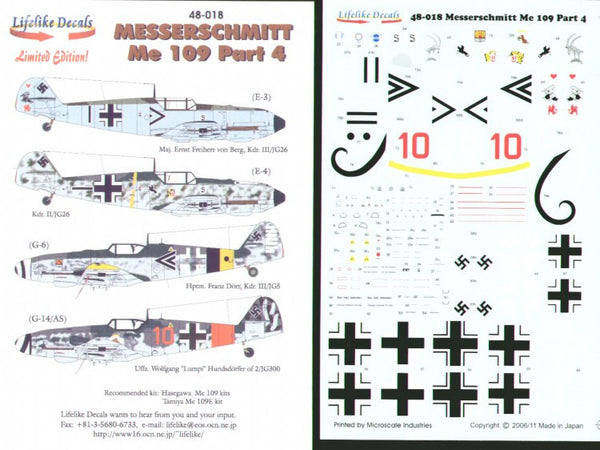 Lifelike 1/48 decal for Messerschmitt Me109 Pt 4 for Hasegawa & Tamiya ...