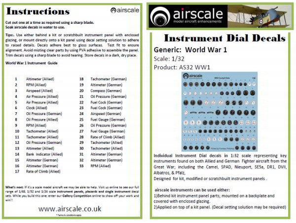 Airscale 1/32 World War I cockpit instrument decals AS32WW1 – Victory Models